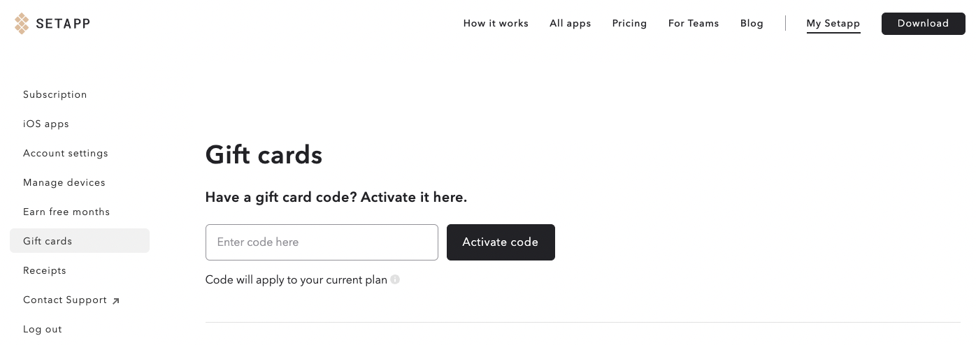 Activate a gift card – Setapp Support